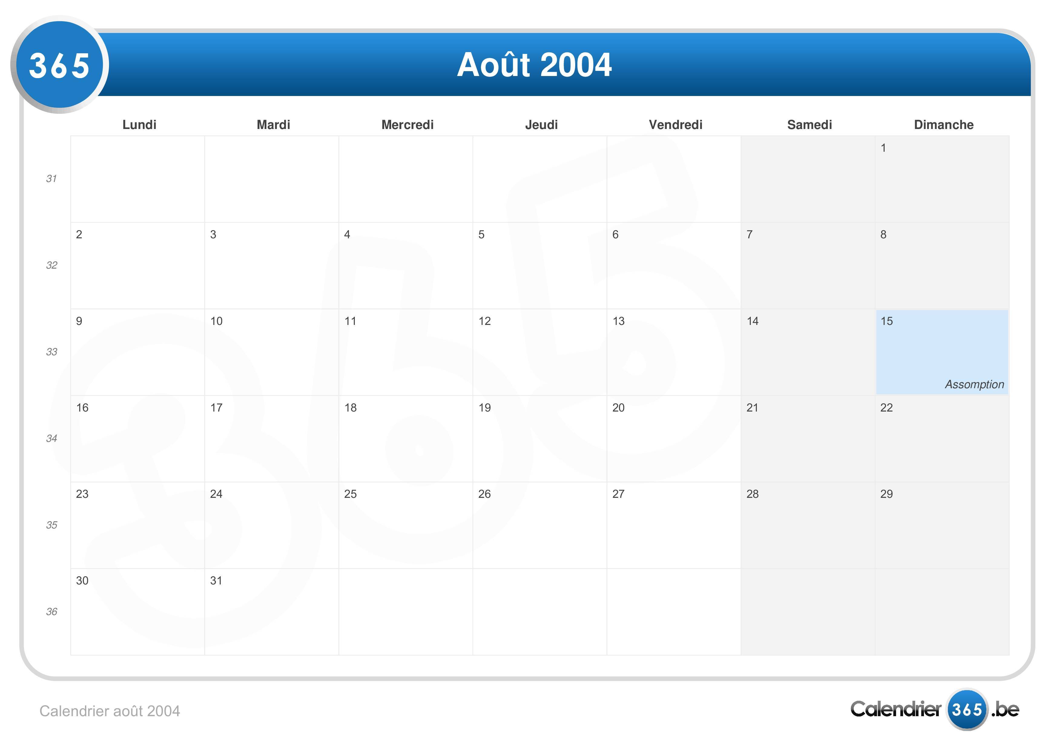 Calendrier août 2004