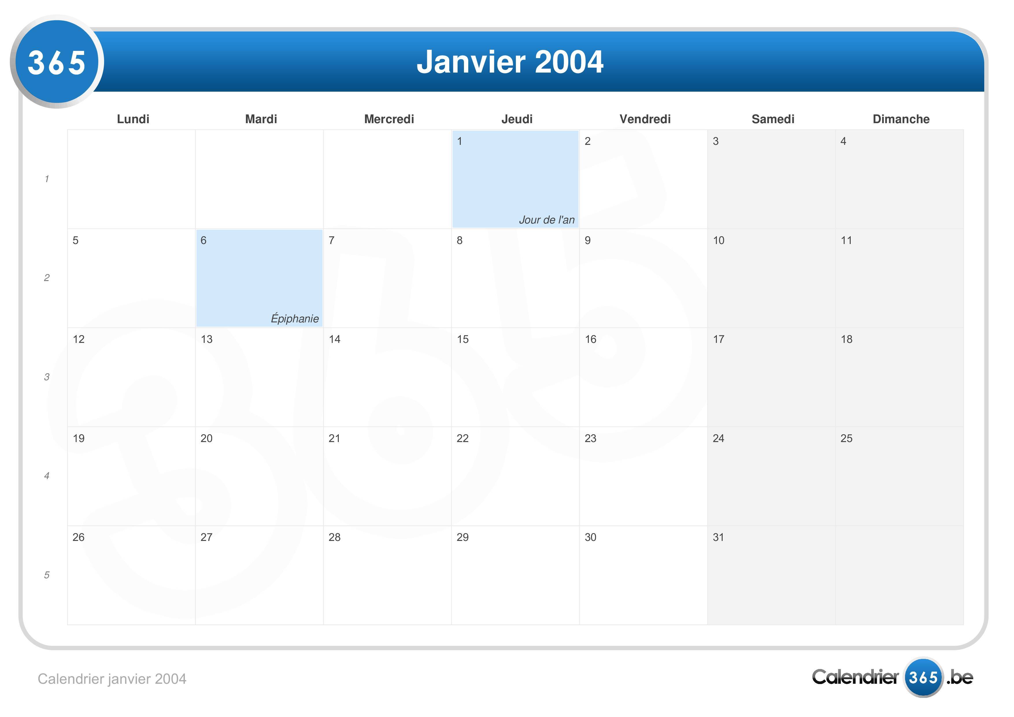 Calendrier janvier 2004