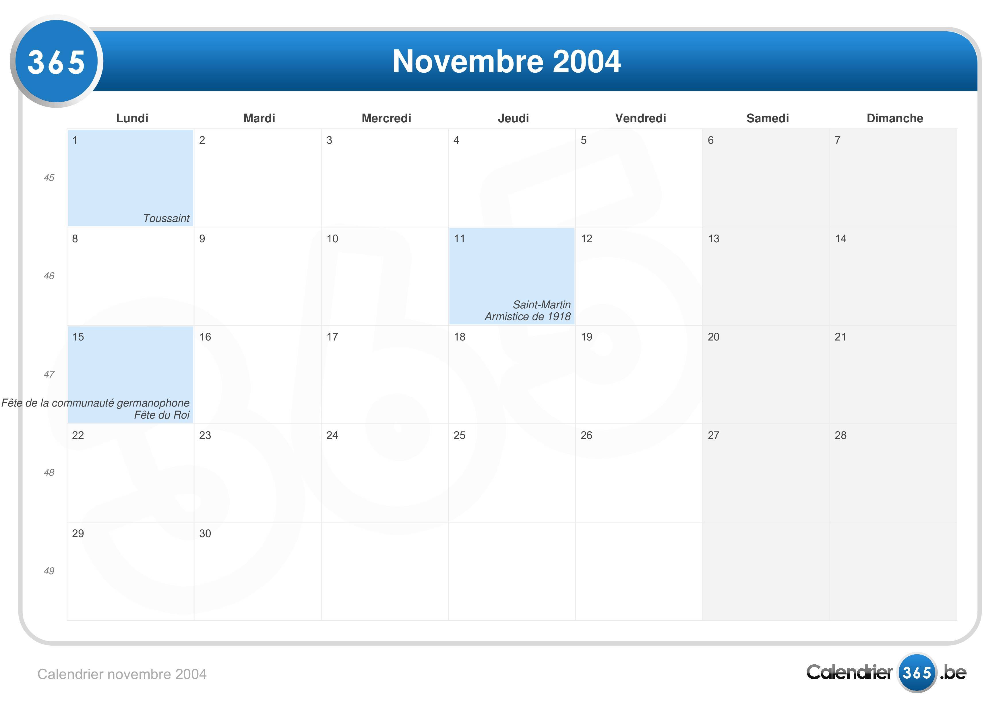 Calendrier novembre 2004
