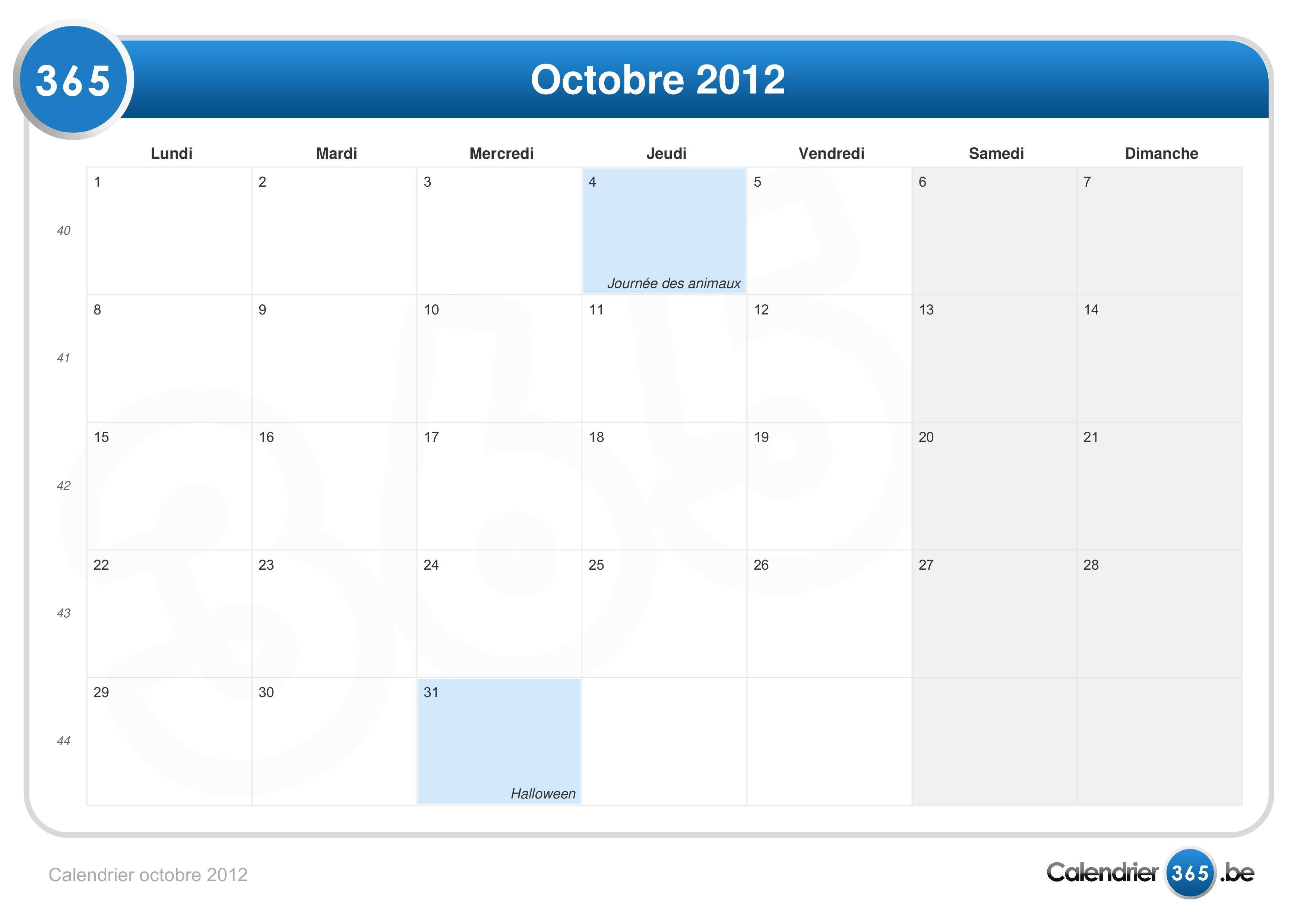 Calendrier October 2012