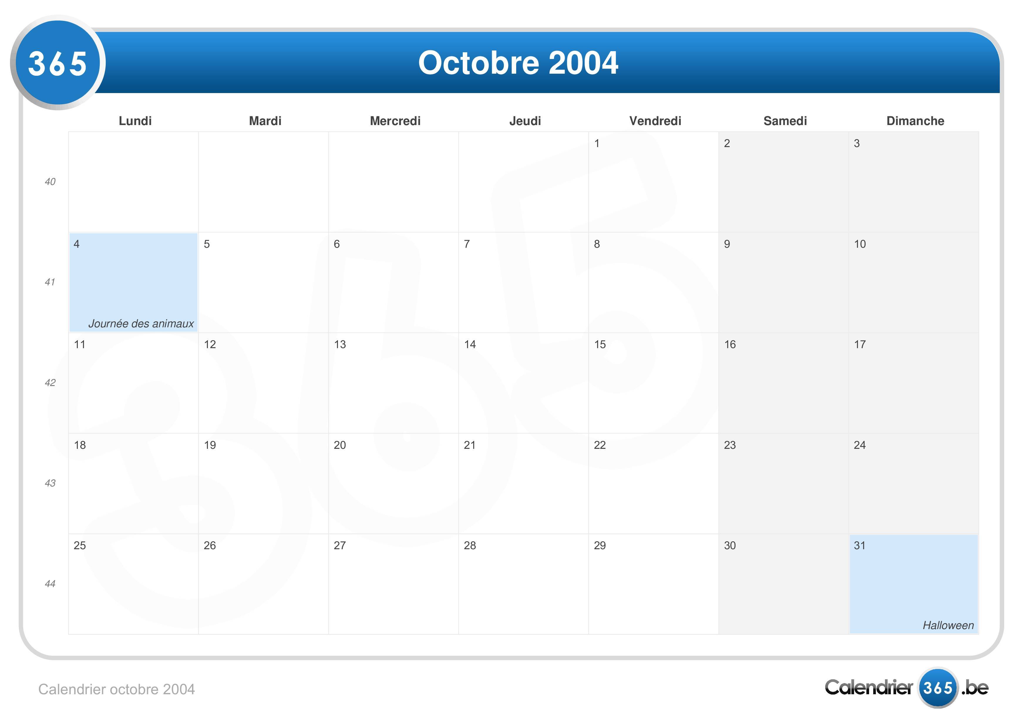 Calendrier octobre 2004